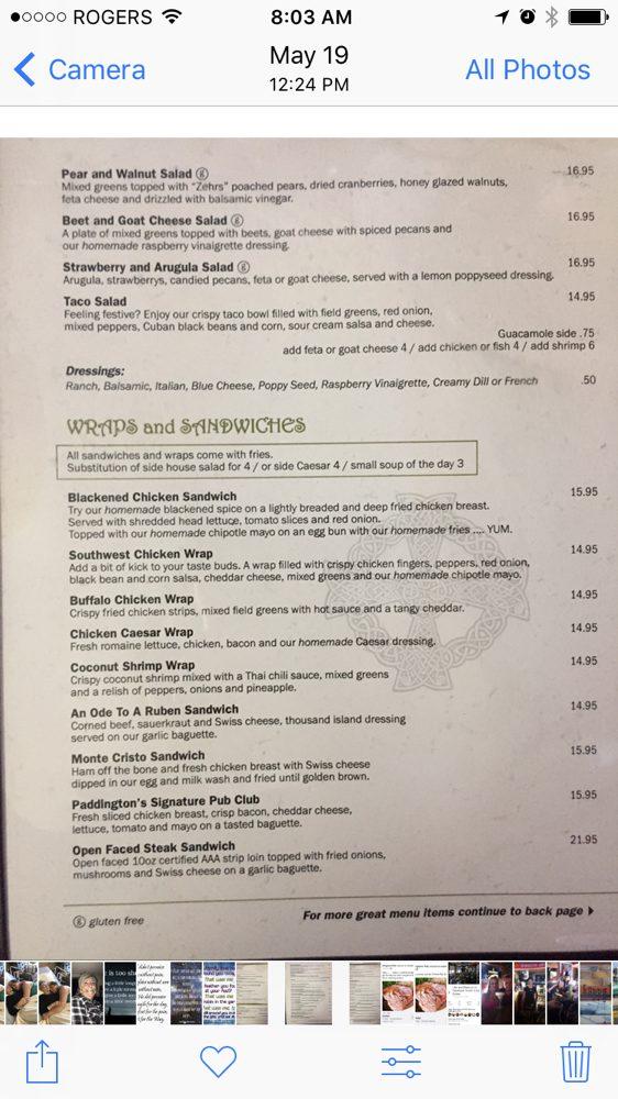 Menu at Paddingtons Pub, Lambton Shores, 18 Ontario St N