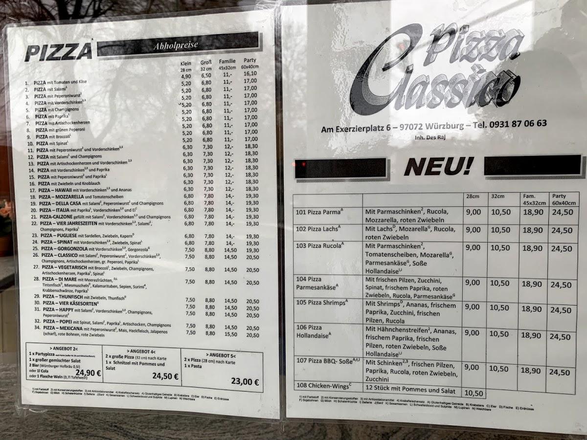 Speisekarte von Pizza Classico Würzburg, Würzburg