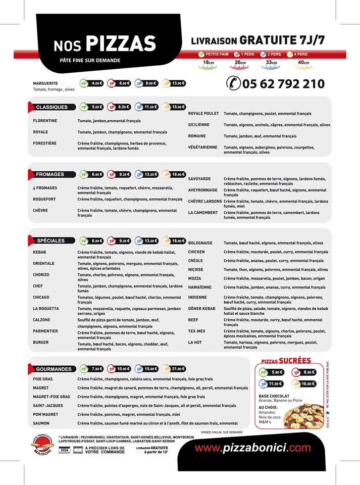 Menu au Pizza Bonici Pechbonnieu restaurant, Pechbonnieu
