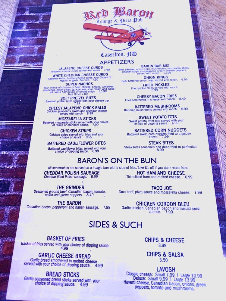 Menu at Red Baron, Casselton