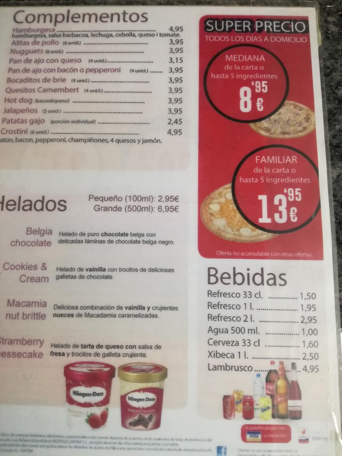Menu at Redpizza restaurant, Girona