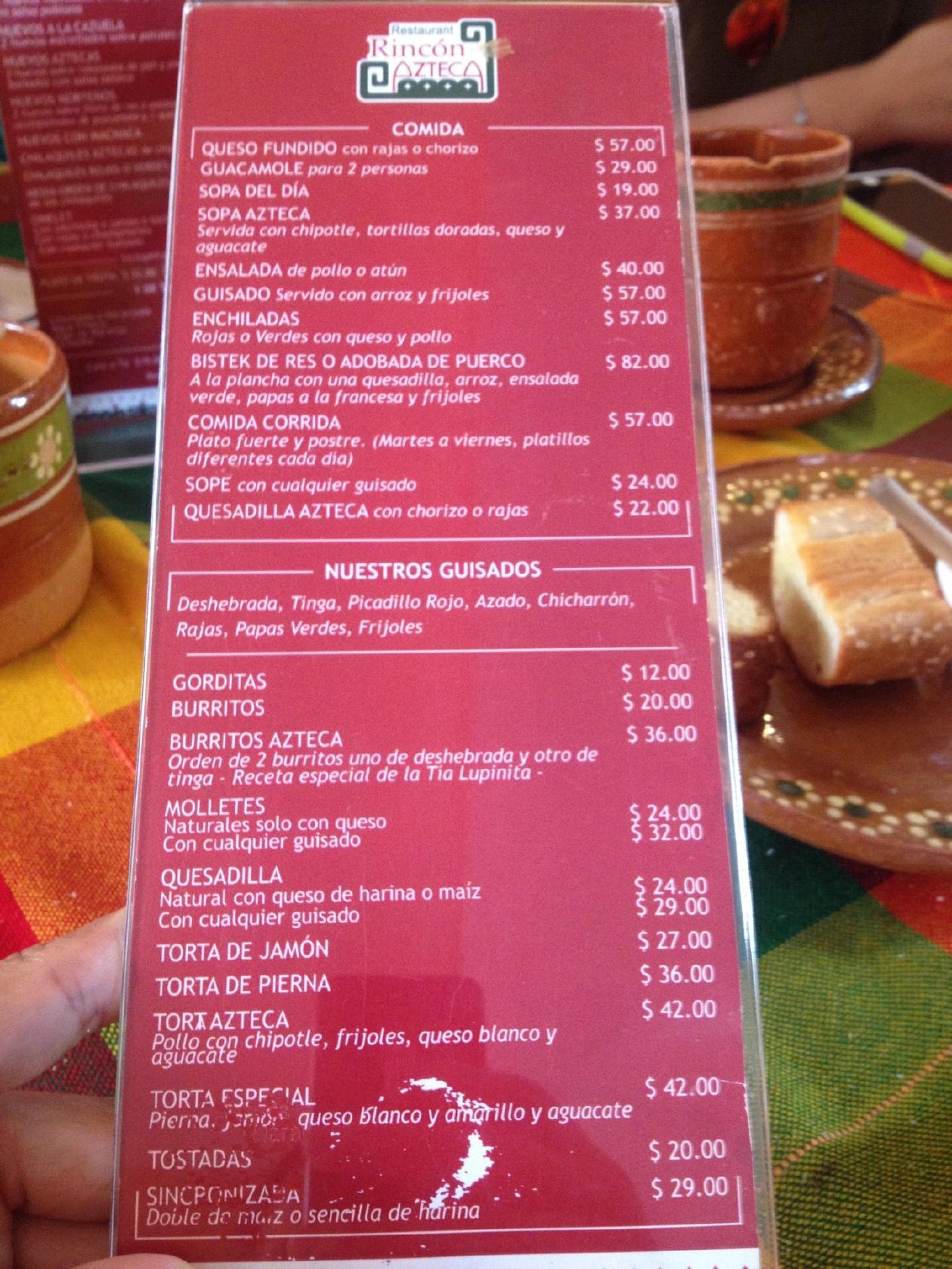 Carta de Restaurant Rincón Azteca, Durango, Calle 5 de Febrero 1117