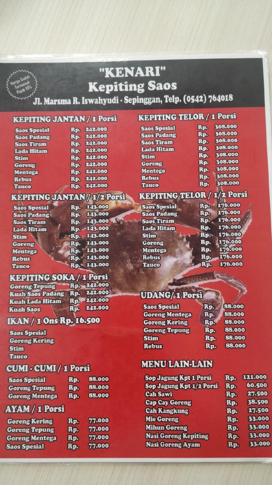 Menu at Restoran Kepiting Kenari restaurant, Balikpapan, Jl. Marsma R ...