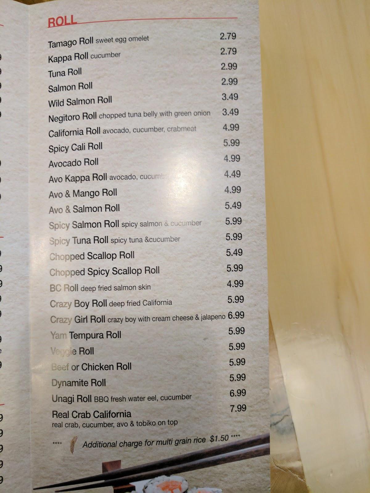 Menu au Sushi Waa restaurant, Nanaimo
