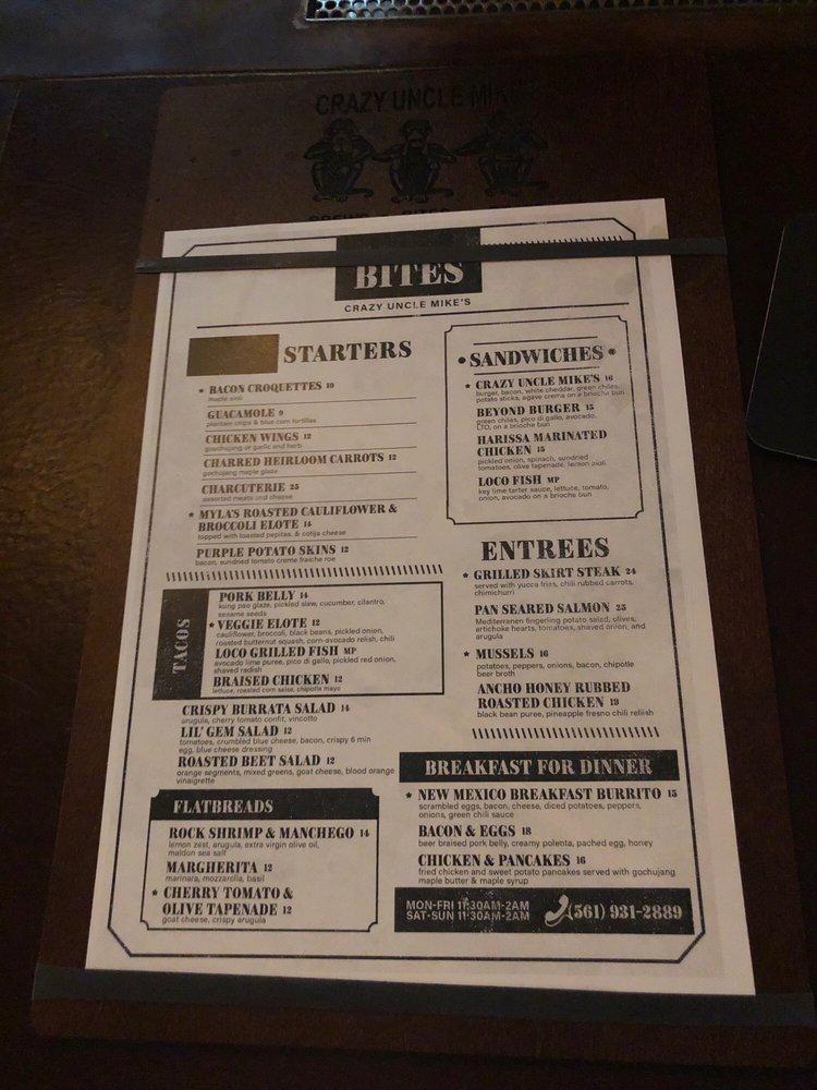 Menu at Crazy Uncle Mike's restaurant, Boca Raton