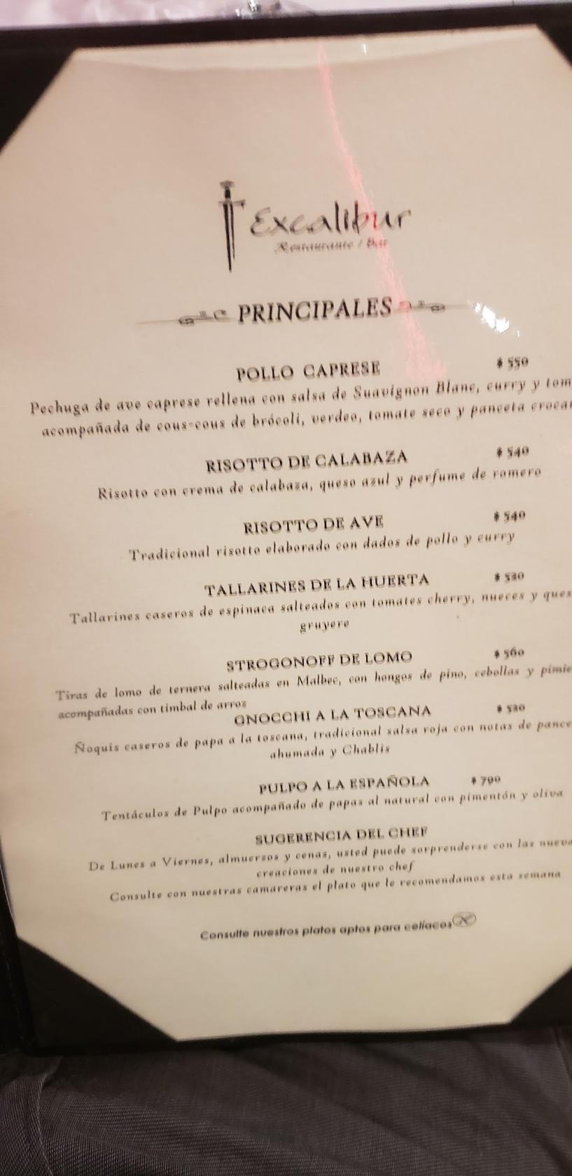 Carta del restaurante Excalibur, Rosario