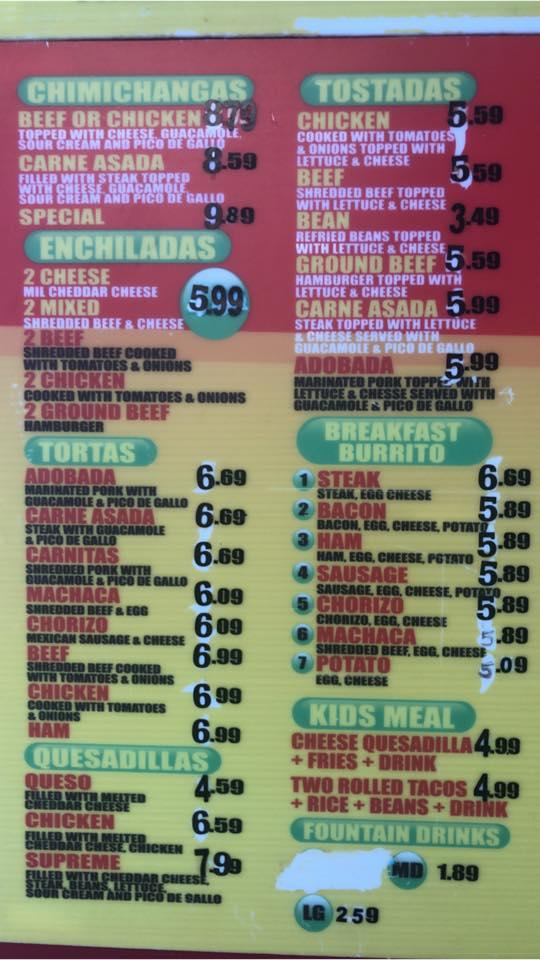 Menu at Julian's Taco Shop restaurant, Cañon City