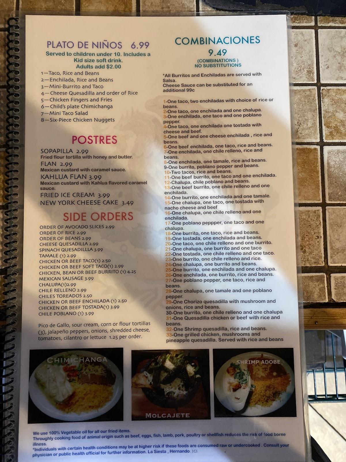 Menu at La Siesta pub & bar, Hernando, 64 W Commerce St