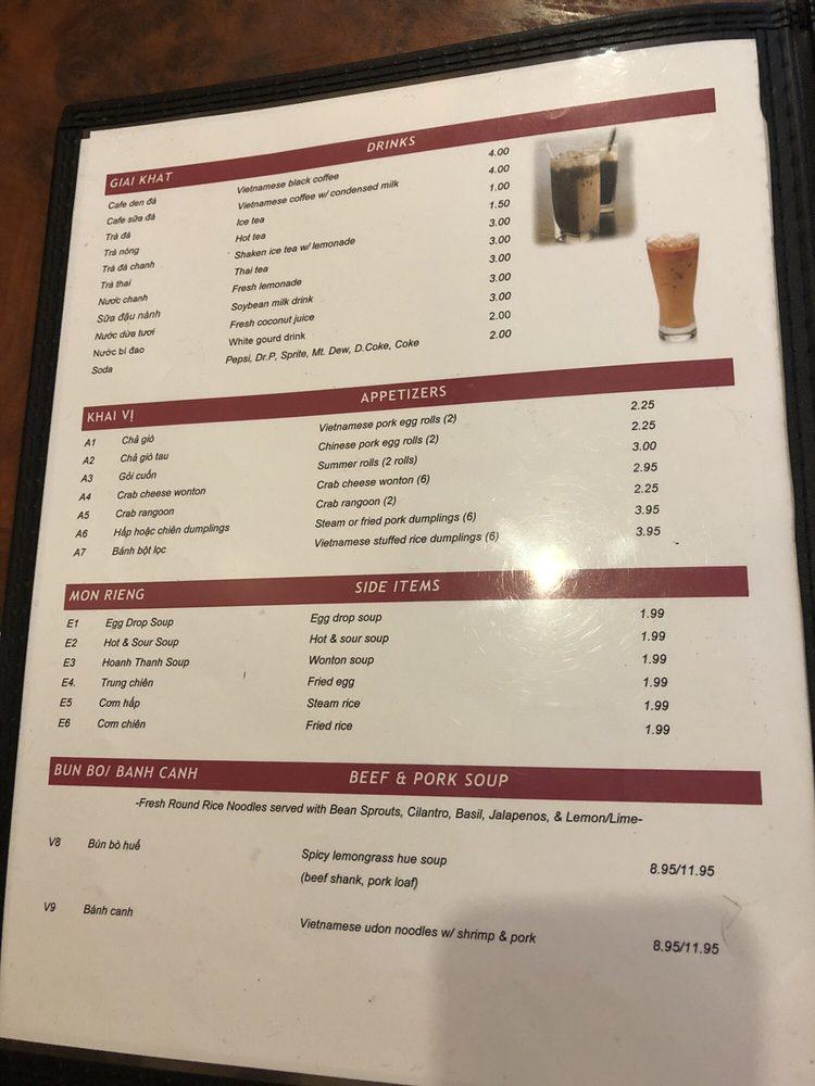 Menu at Pho Da Cao restaurant, Tulsa