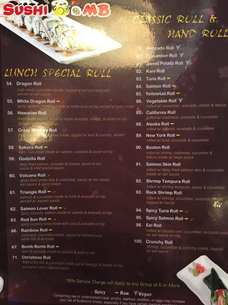Menu at Sushi Bomb restaurant, Pittsburgh