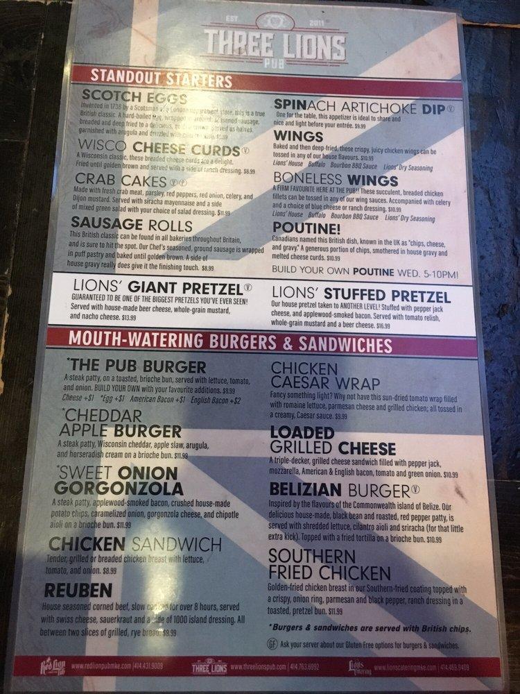 Menu at Three Lions Pub, Shorewood
