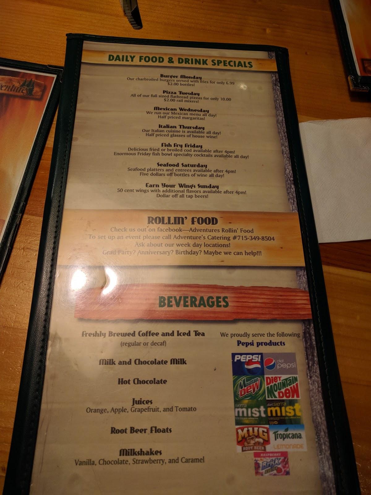 Menu at Adventures Restaurant & Pub Siren, Siren