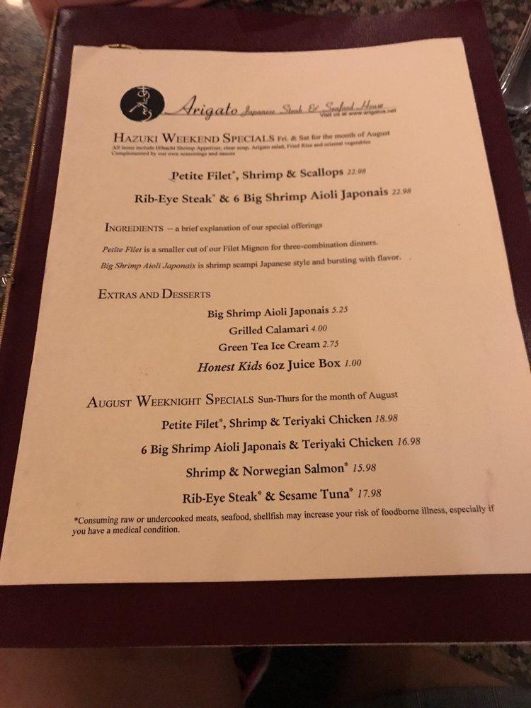 Menu at Arigato Japanese Steak & Seafood House steakhouse, Winston-Salem