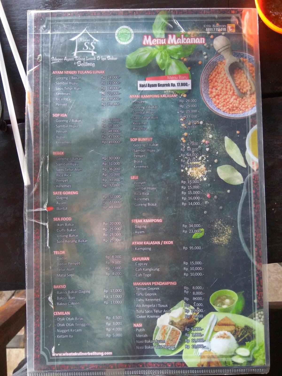 Menu at Ayam Lunak Panglima Air Raya restaurant, Tanjung Pandan, Jl ...