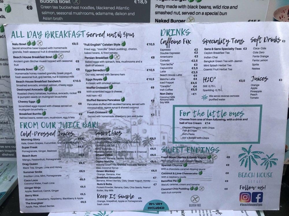 Menu at Beach House restaurant, Sitges