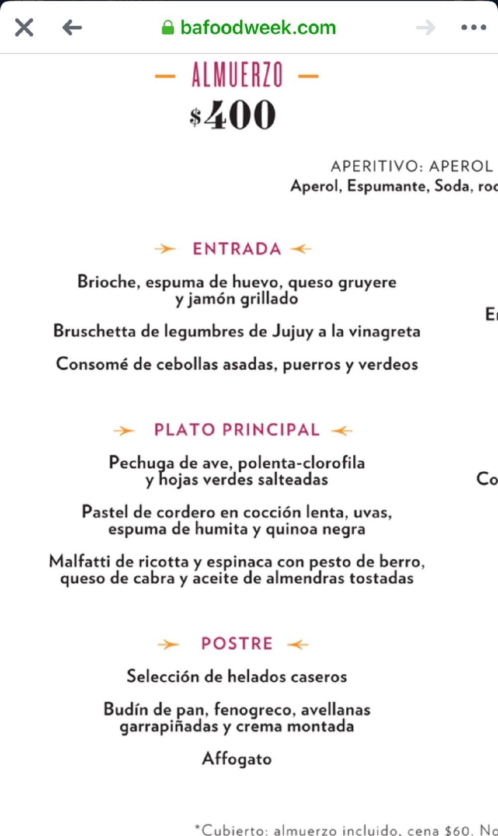 Carta de Bis Restaurante, Buenos Aires