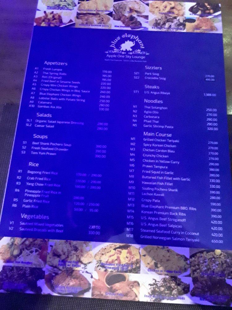 Menu at Blue Elephant restaurant, Cebu City, AppleOne Equicom Tower