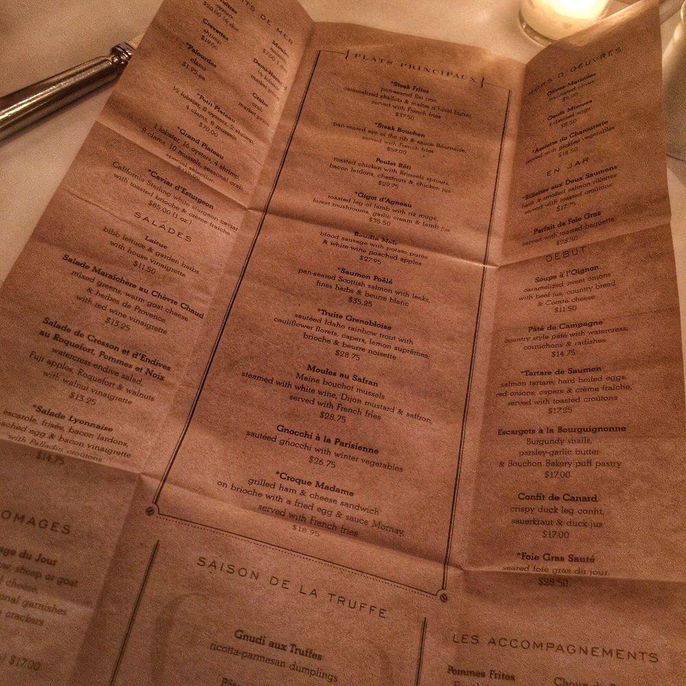 Menu at Bouchon Bistro restaurant, Yountville