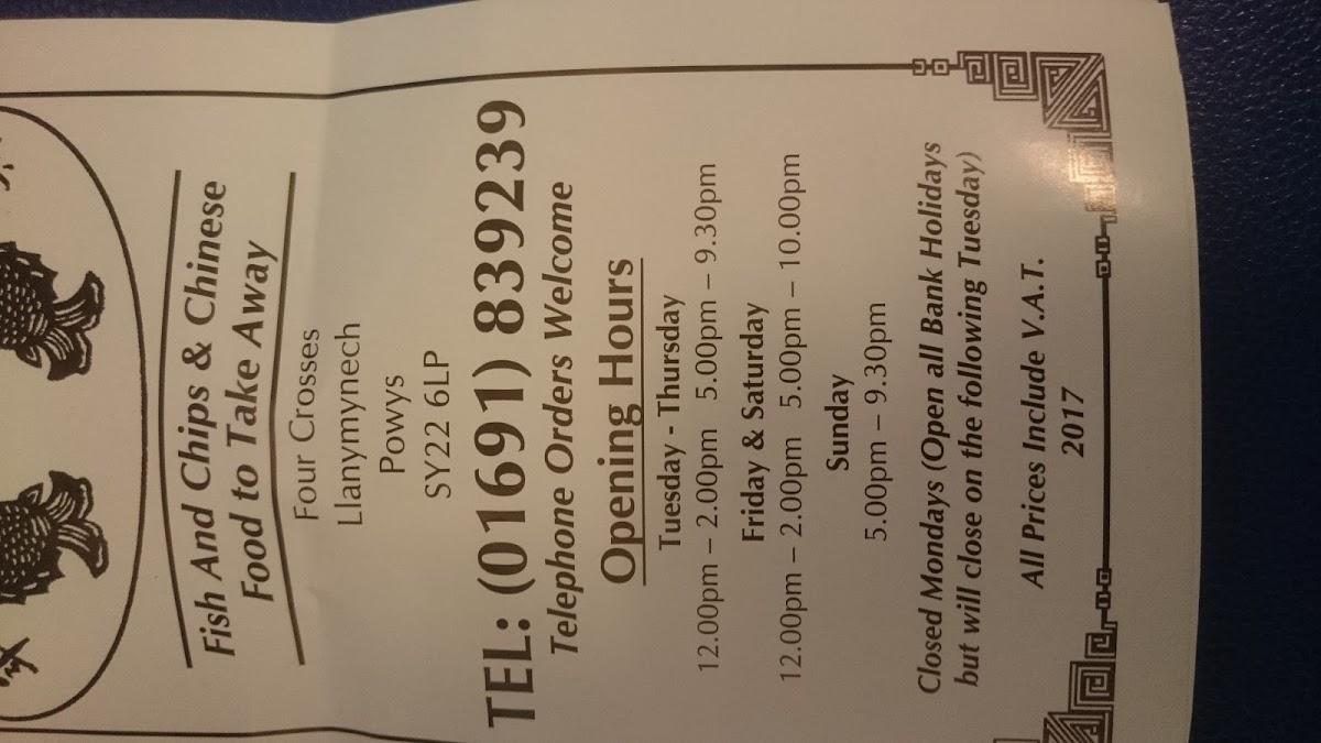 Menu at Chan's Kitchen restaurant, Llanymynech
