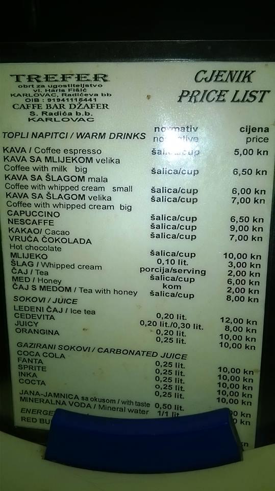 Menu at Caffe Bar Džafer, Karlovac