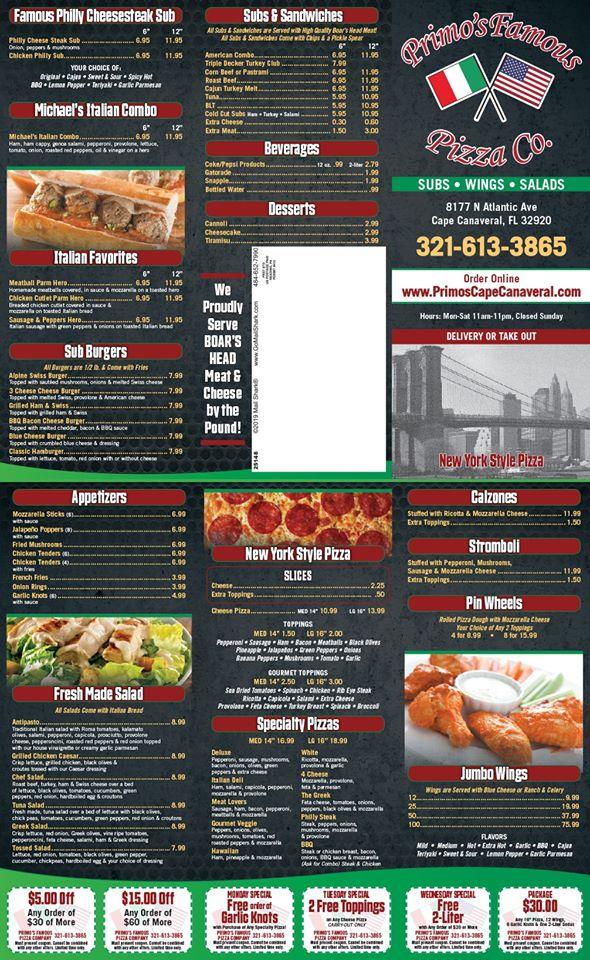 Menu at Primo's Famous Pizza Co. pizzeria, Cape Canaveral