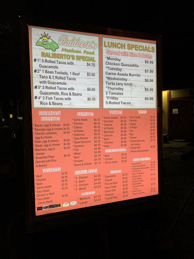Menu at Raliberto's Mexican Food restaurant, Wheat Ridge, Wadsworth Blvd