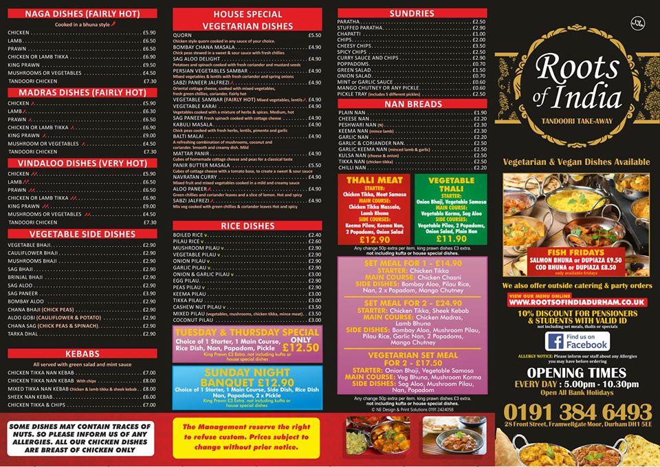 Menu at Roots of India - Durham restaurant, Burnhope