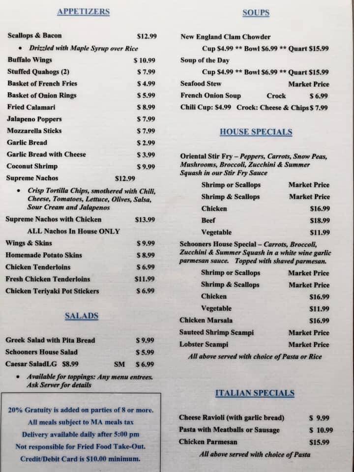 Menu at Schooner's restaurant, Hull