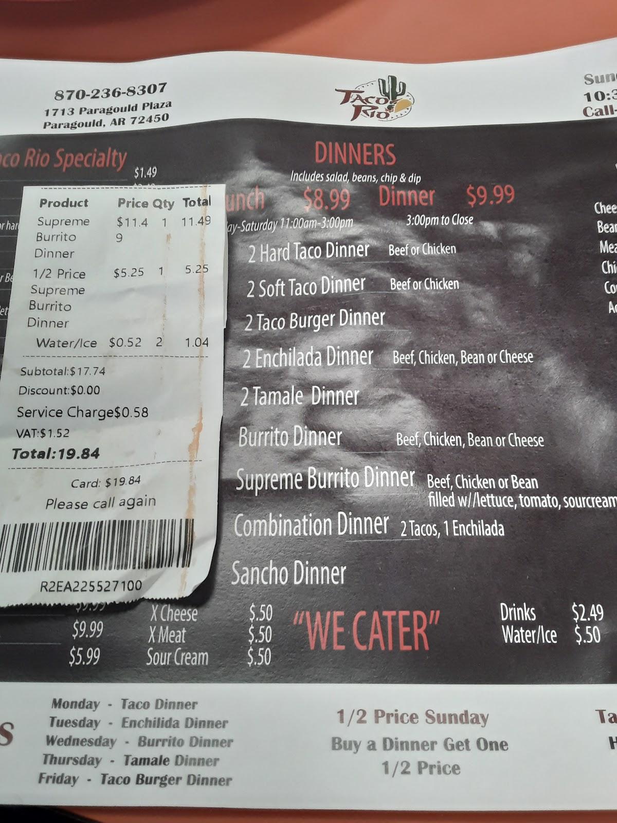 Menu at Taco Rio restaurant, Paragould