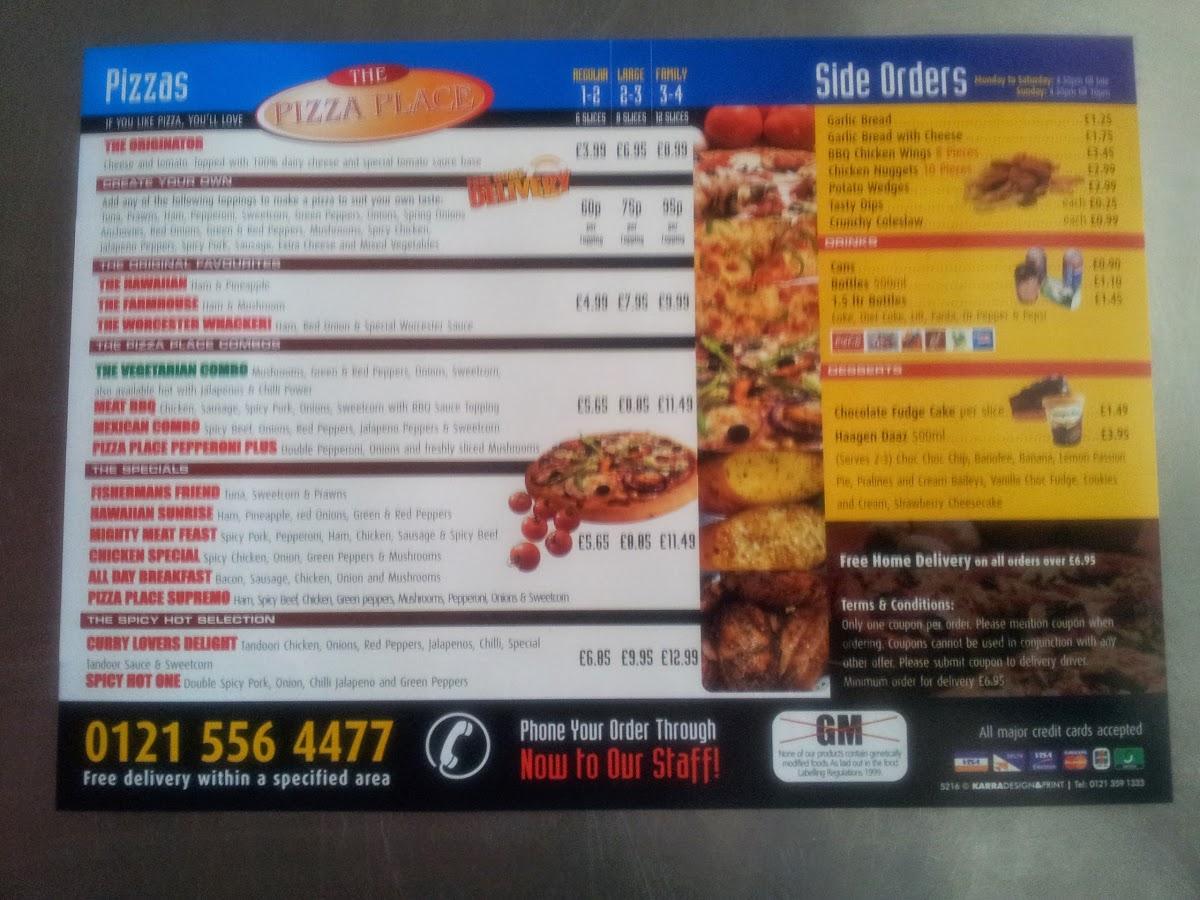 Menu at The Pizza Place restaurant, Wednesbury