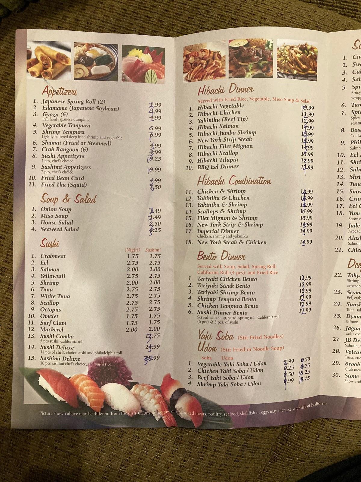 Menu at Tokyo Hibachi & Sushi restaurant, Seymour