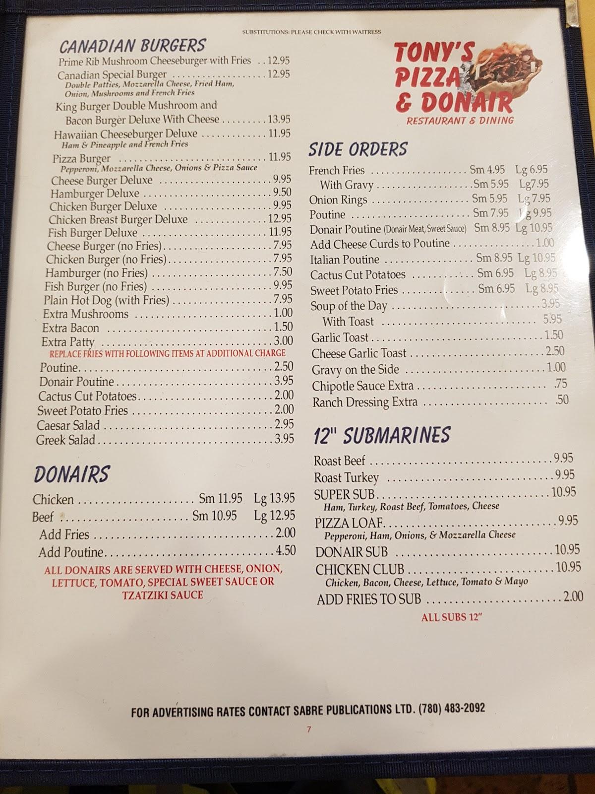Menu at Tony's Donair restaurant, Falher