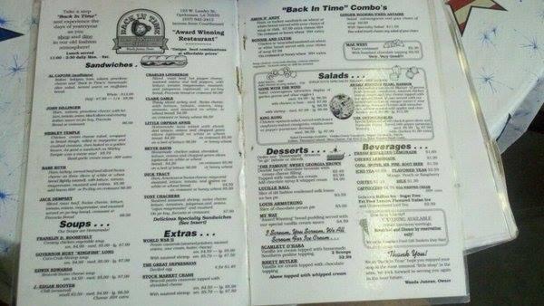 Menu at Back In Time restaurant, Opelousas