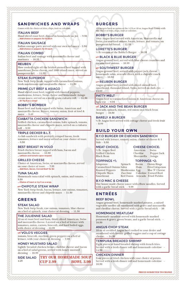 Menu at Bobby's Barrel, Volo