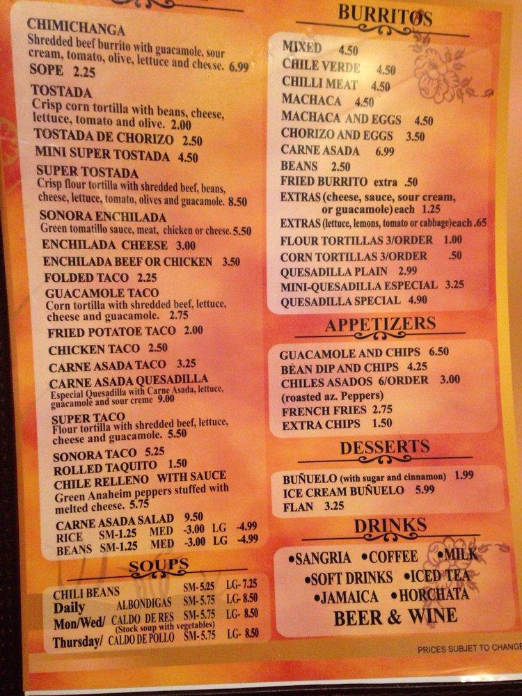 Menu at Sobe's restaurant, El Centro