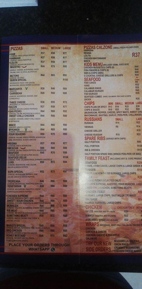 Menu at Supa Marios Pizza & Take Aways Bloemfontein pizzeria, Bloemfontein