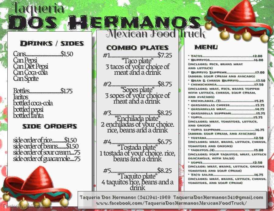Menu at Taqueria Dos Hermanos Mexican Food Truck, Roseburg