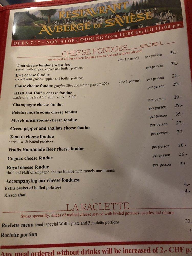 Menu at Auberge de Savièse, Geneva