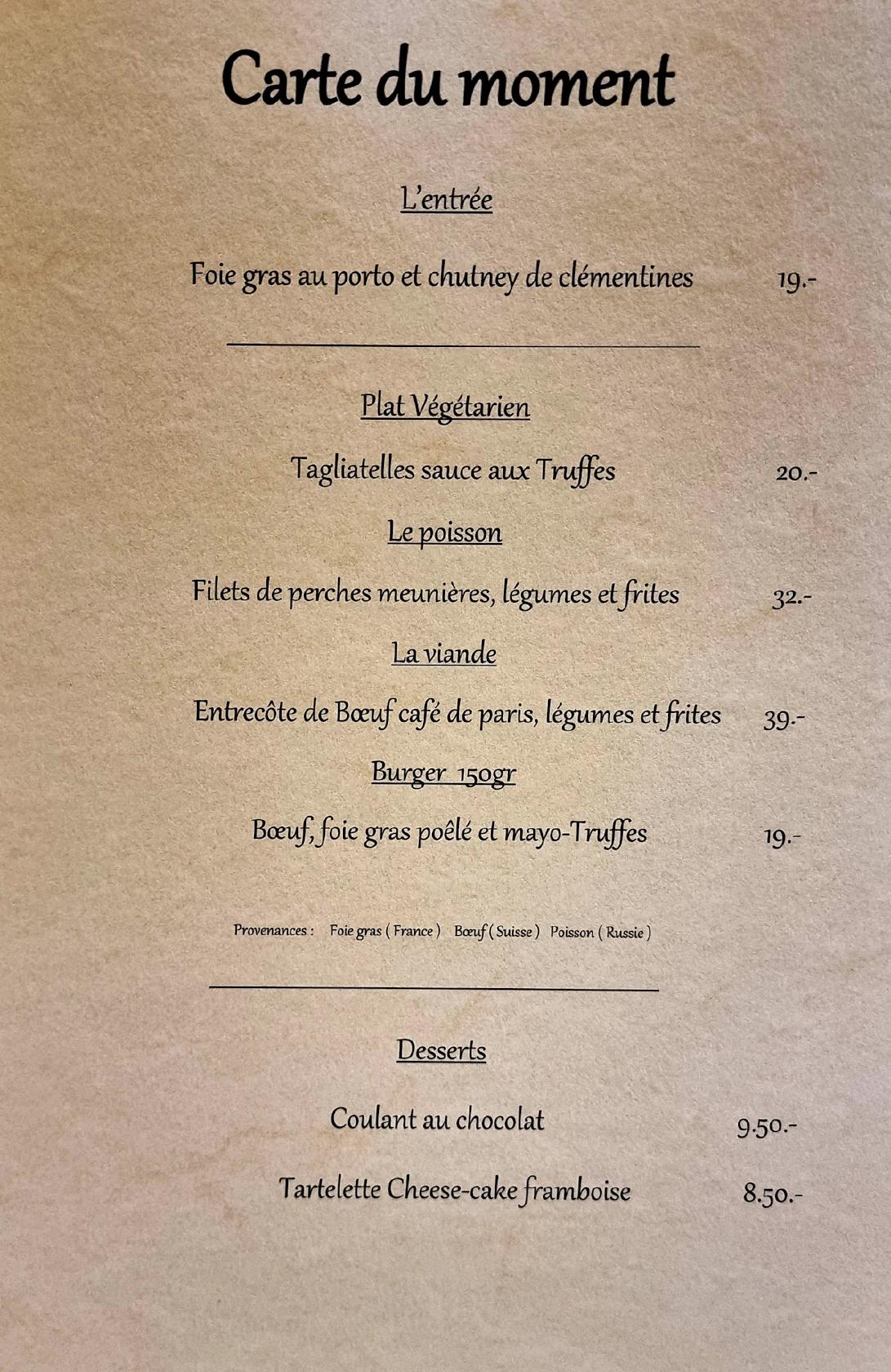 Menu au Chez Riggs, Milvignes