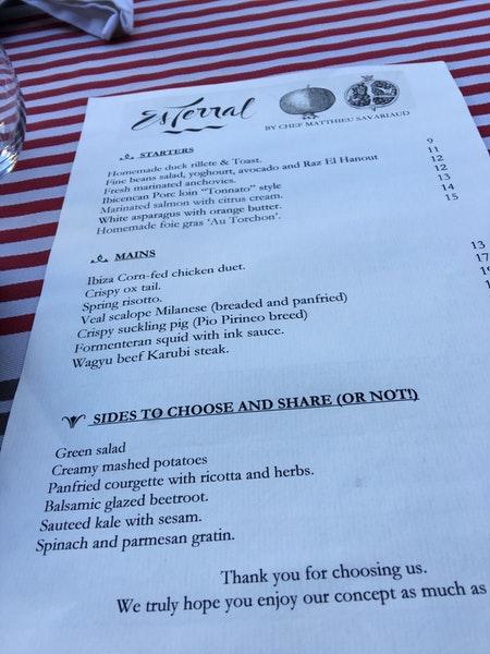 Menu at Es Terral Restaurant, Santa Eulària des Riu