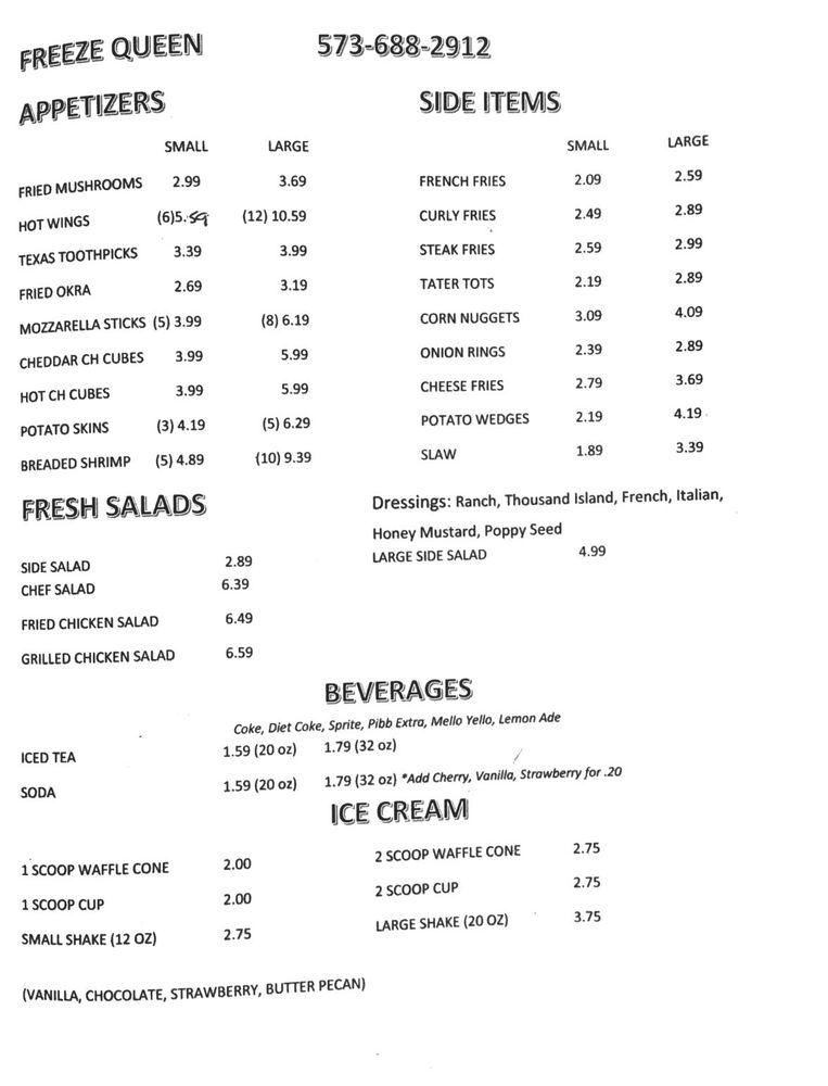 Menu at Freeze Queen cafe, Lilbourn