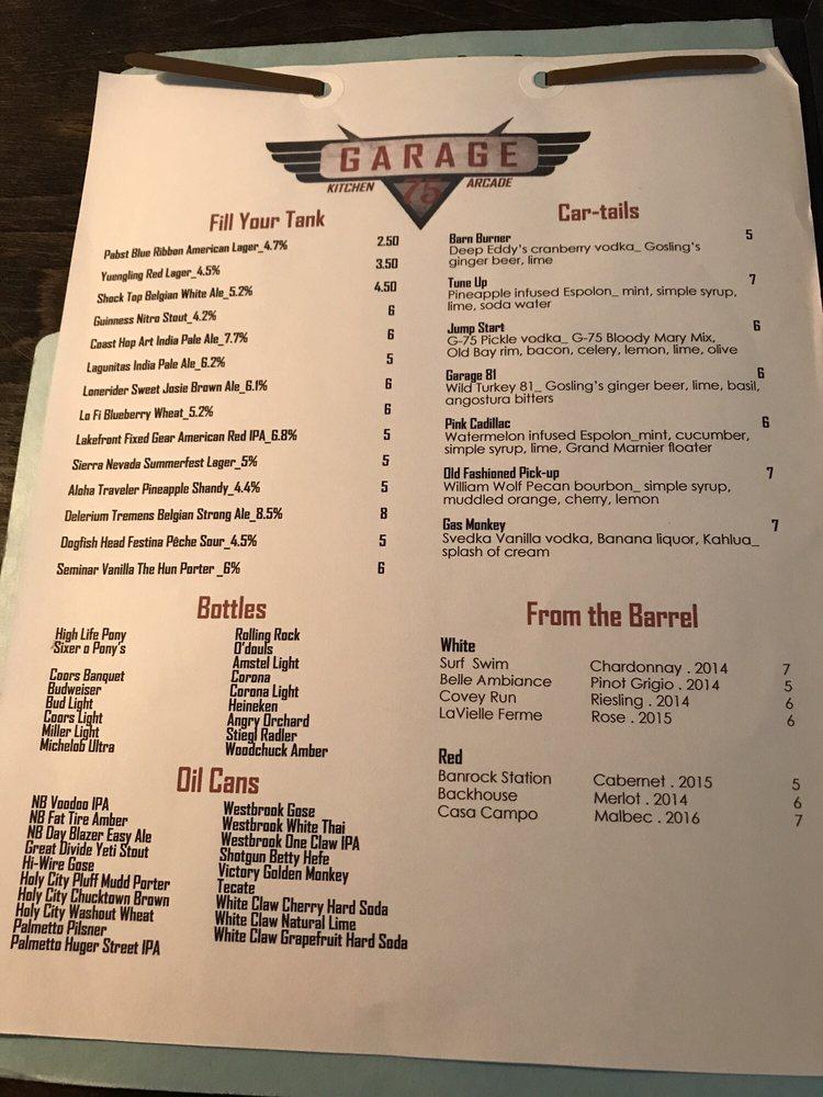 Menu at Garage 75 pub & bar, Charleston, Folly Rd # G