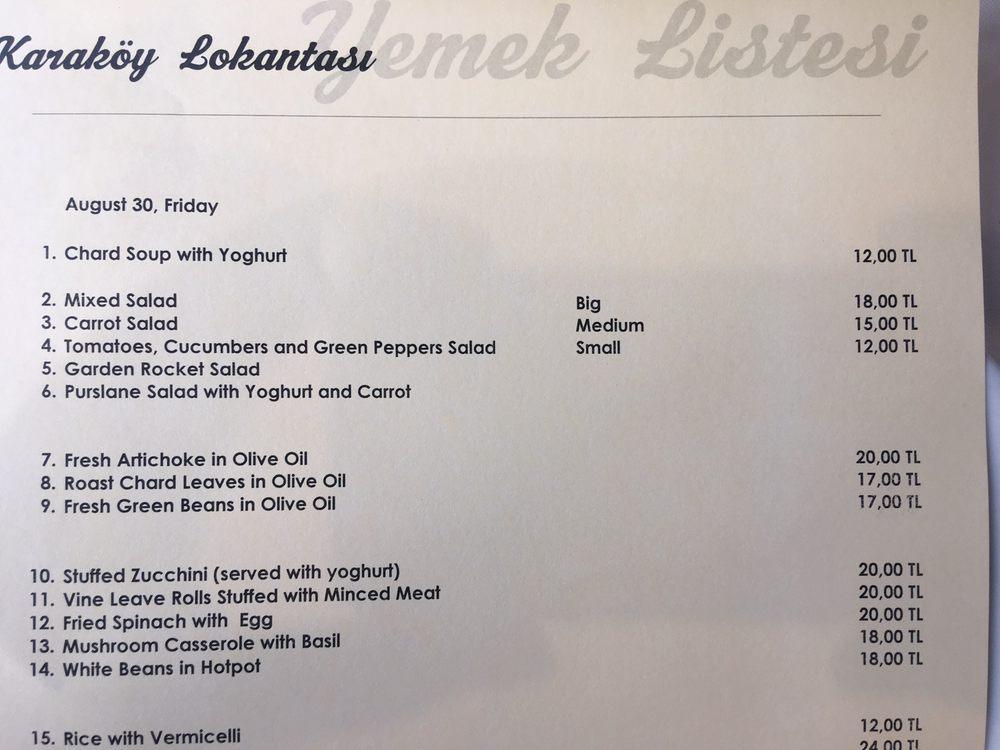 Menu at Karaköy Pizza, Istanbul