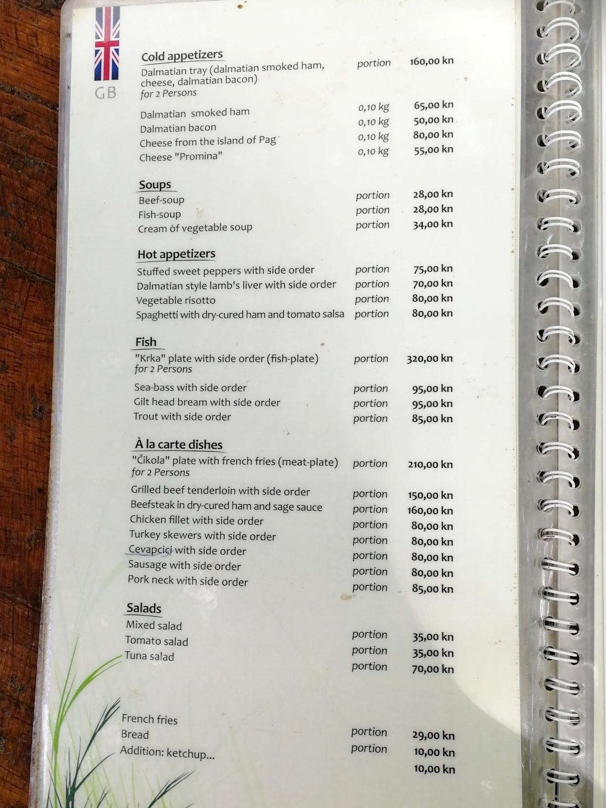 Menu da Krka Restaurant, Bilice