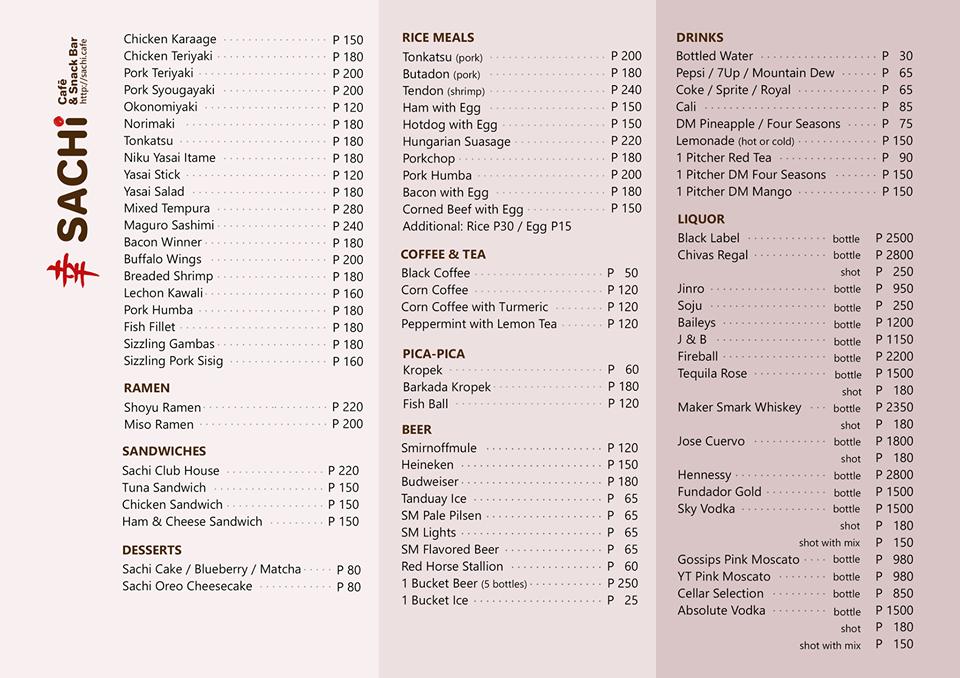 Menu at Sachi Cafē And Snack Bar, Davao City