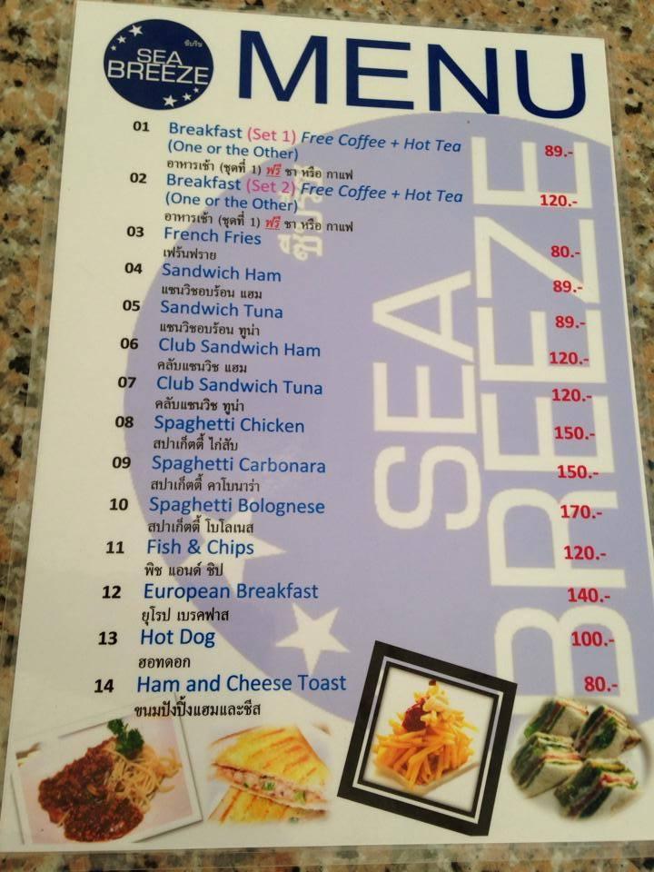 Menu at Sea Breeze pub & bar, Pattaya City, Pattaya Tai 22