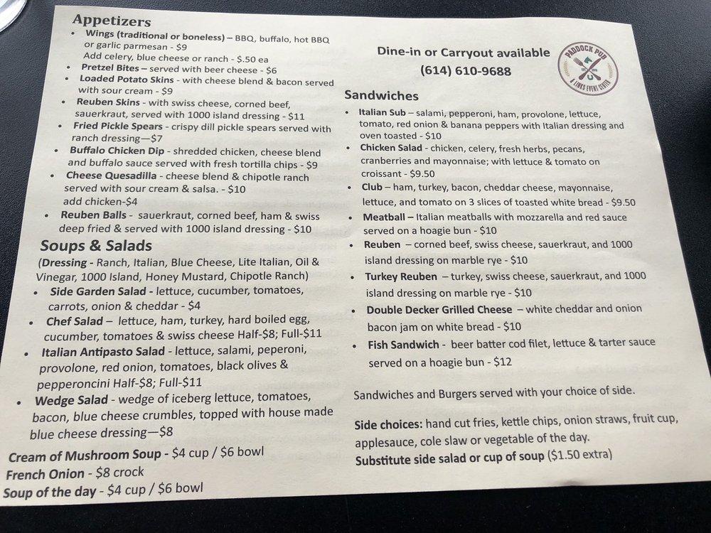Menu at The Paddock Pub, Groveport