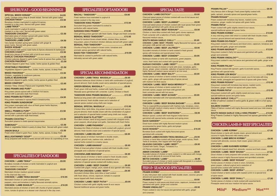 Menu at Bengal Brasserie Buckie restaurant, Buckie