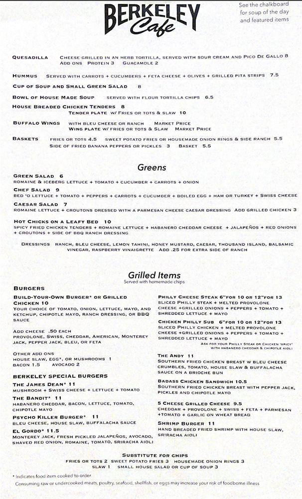 Menu at Berkeley Cafe, Raleigh