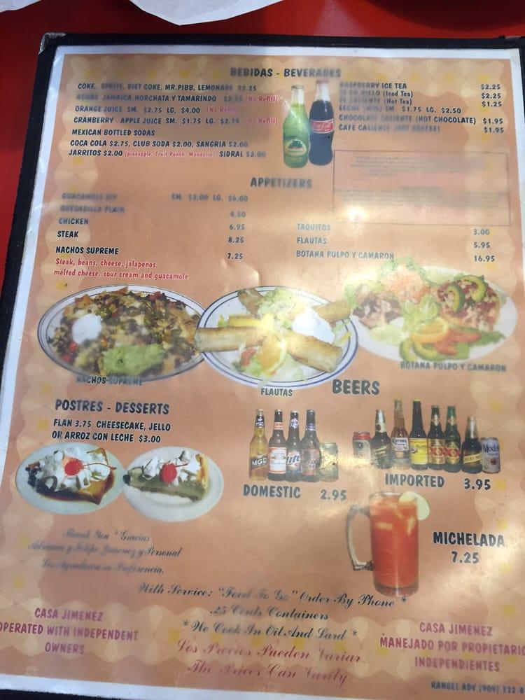 Menu at Casa Jimenez restaurant, Fontana